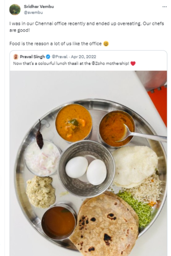 சென்னை Zoho அலுவலகத்தில் சாப்பாடு செமயா இருக்கே.. வாவ்.. டிரெண்டாகும் ...